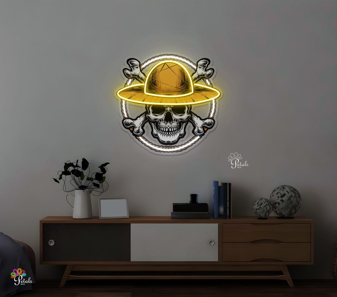 Skull With Straw Hat Neon Sign – Pirate LED Pop Art, Game Room/wall ...