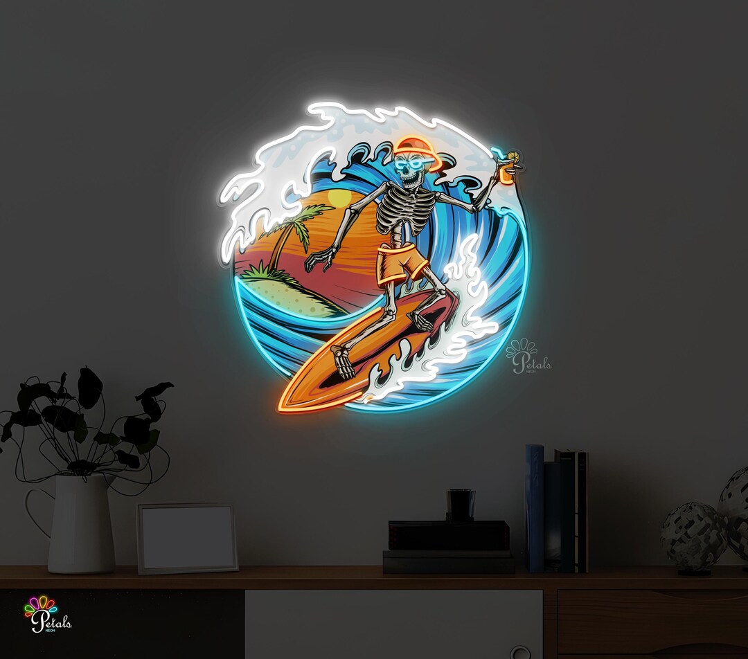 Surfing Skeleton Neon Sign, Surfing Skeleton LED Pop Art, Beach Sunset ...