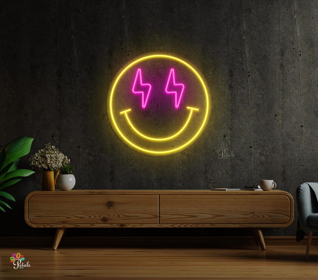 Smiley Face Neon Sign, Lightning Eyes LED Wall Decor - Etsy