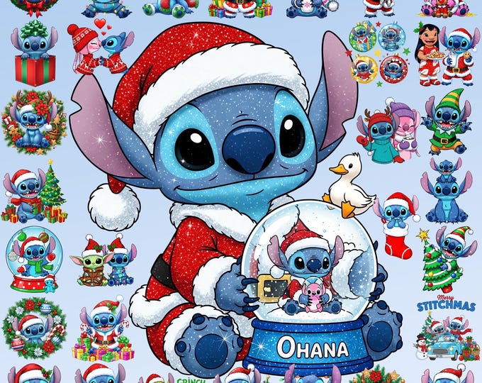 Stitch Christmas PNG Bundle, Cute Stitch in Santa Hat PNG, Holiday ...