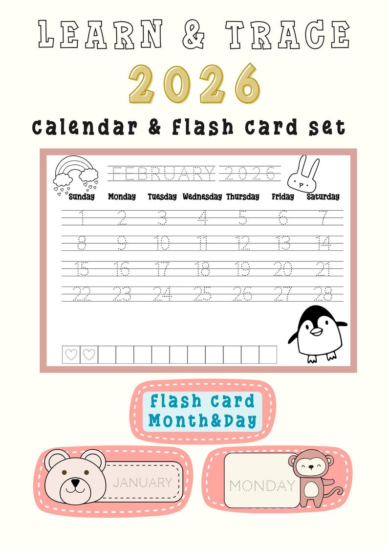 Learn & Trace 2026 Calendar and Flash Card Set - Etsy