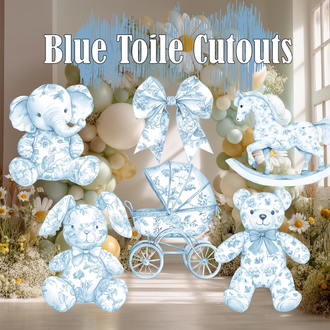Blue Toile Cutouts, Baby Shower Party Decor, Toile De Jouy, Teddy Bear ...