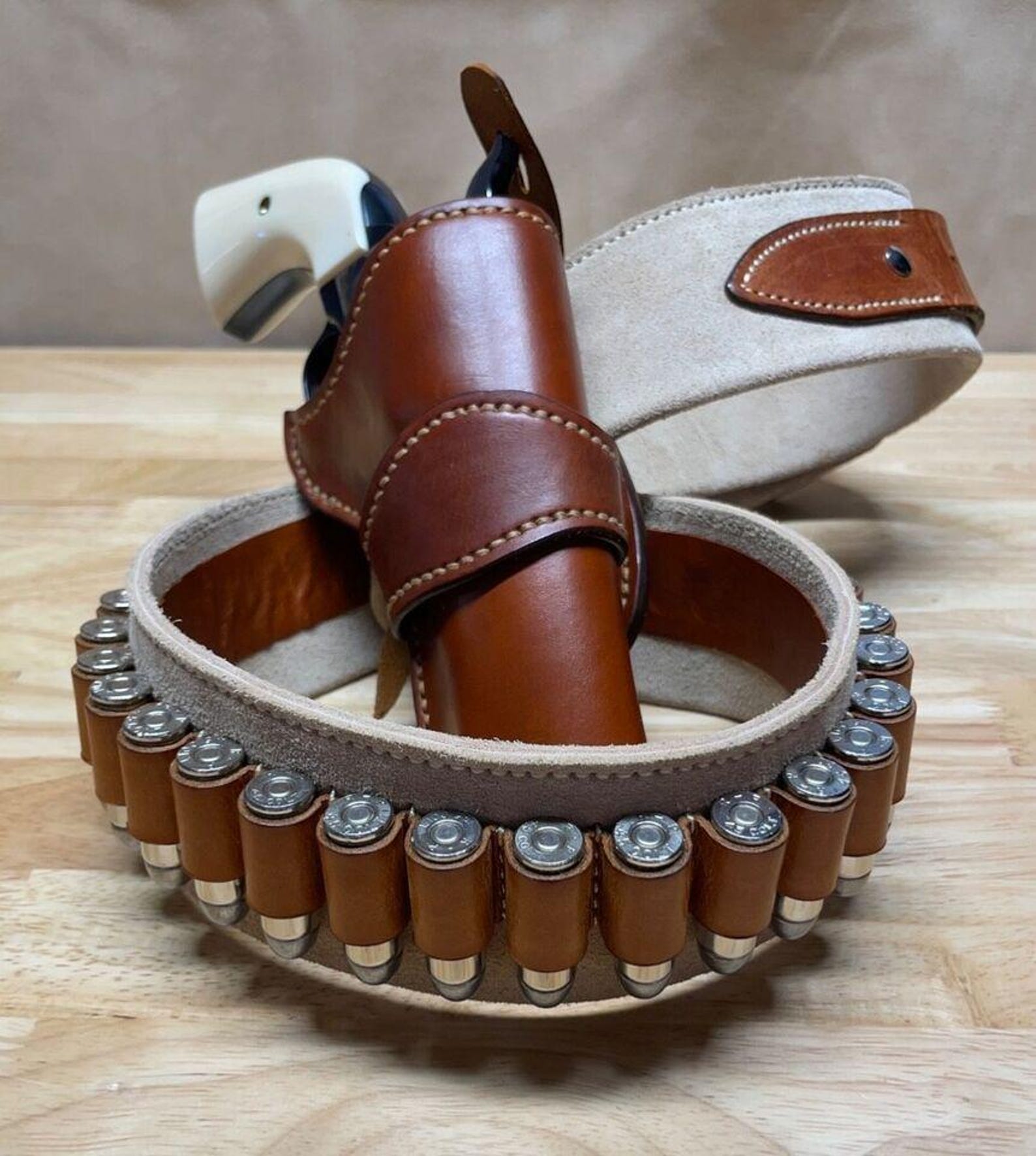 Handmade Western Leather Revolver Holster With Belt – Dual Tone – Fits ...