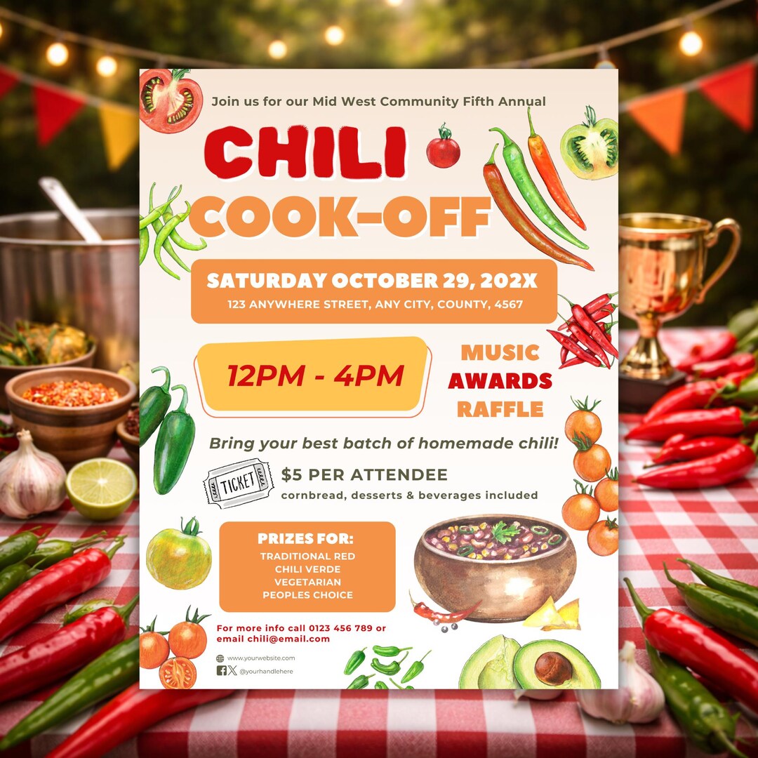 Printable Chili Cook-off Flyer, Chilli Cookoff Contest Invitation, Edit ...