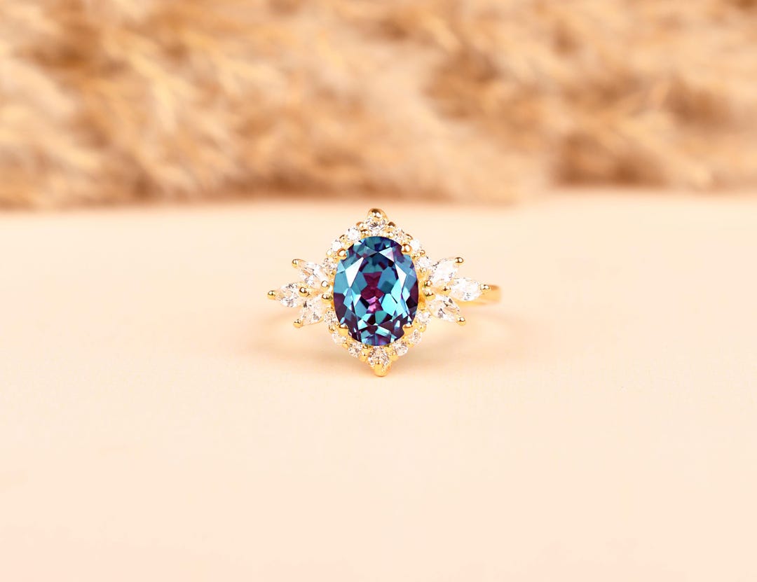 Alexandrite Oval Halo Ring | Color Change Engagement Ring Handmade ...