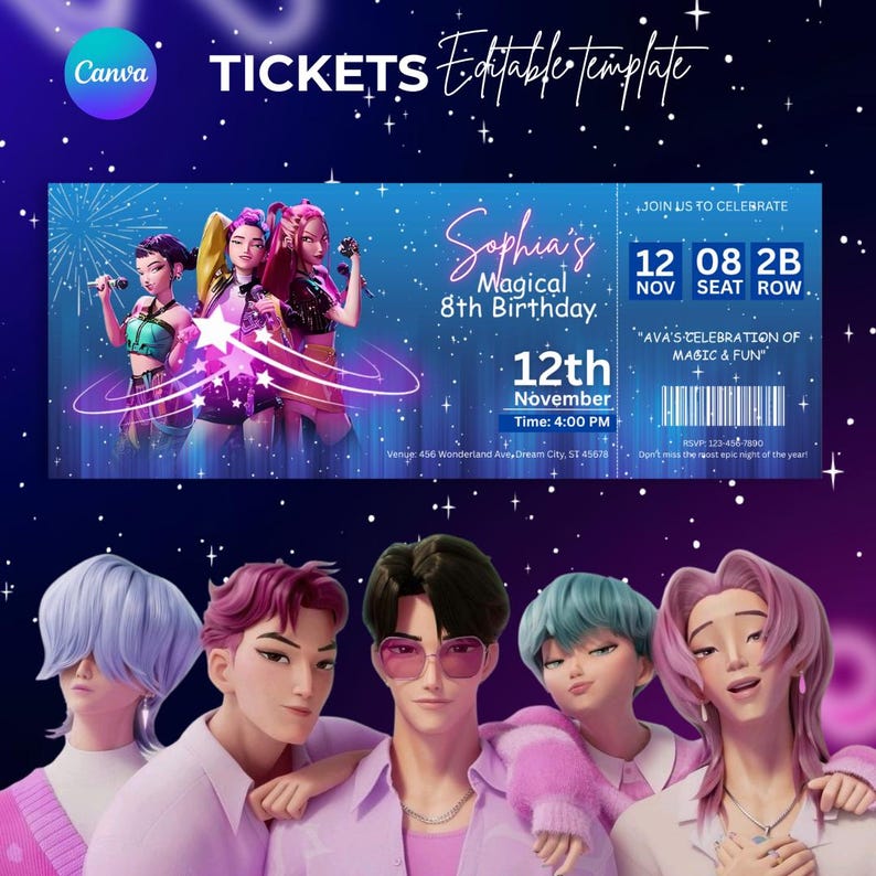 KPOP Concert Ticket, Demon Hunters Theme, Editable Canva Template ...