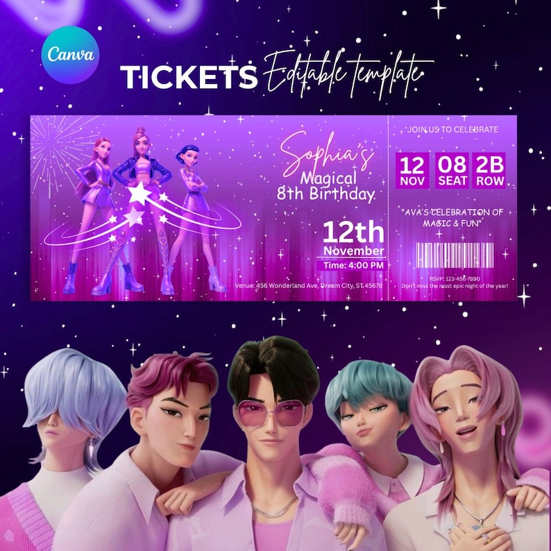 KPOP Demon Hunters Concert Ticket, Editable Canva Template, Digital ...