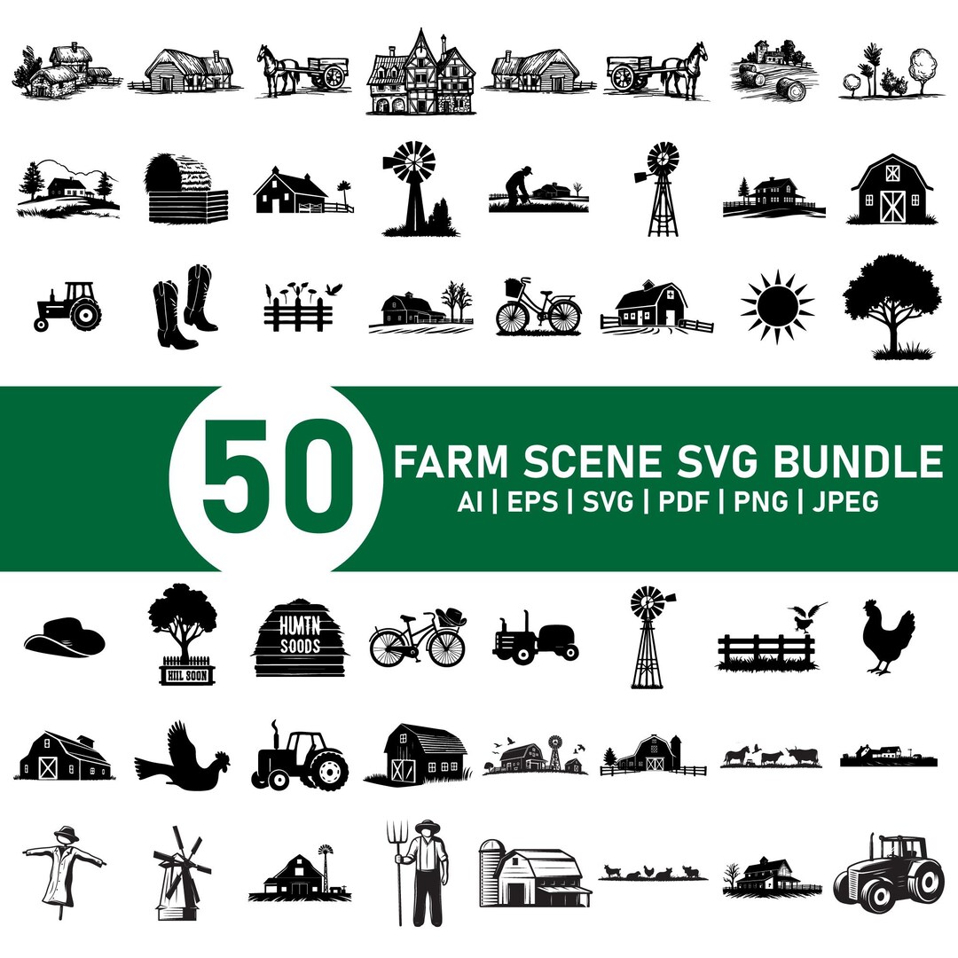 50 Farm Scene SVG Bundle, Farm and Farmhouse Clipart Designs, Rural ...