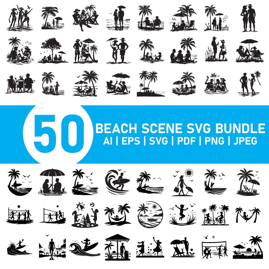 50 Beach Scene SVG Bundle, Tropical Designs, Palm Tree, Sunset and ...
