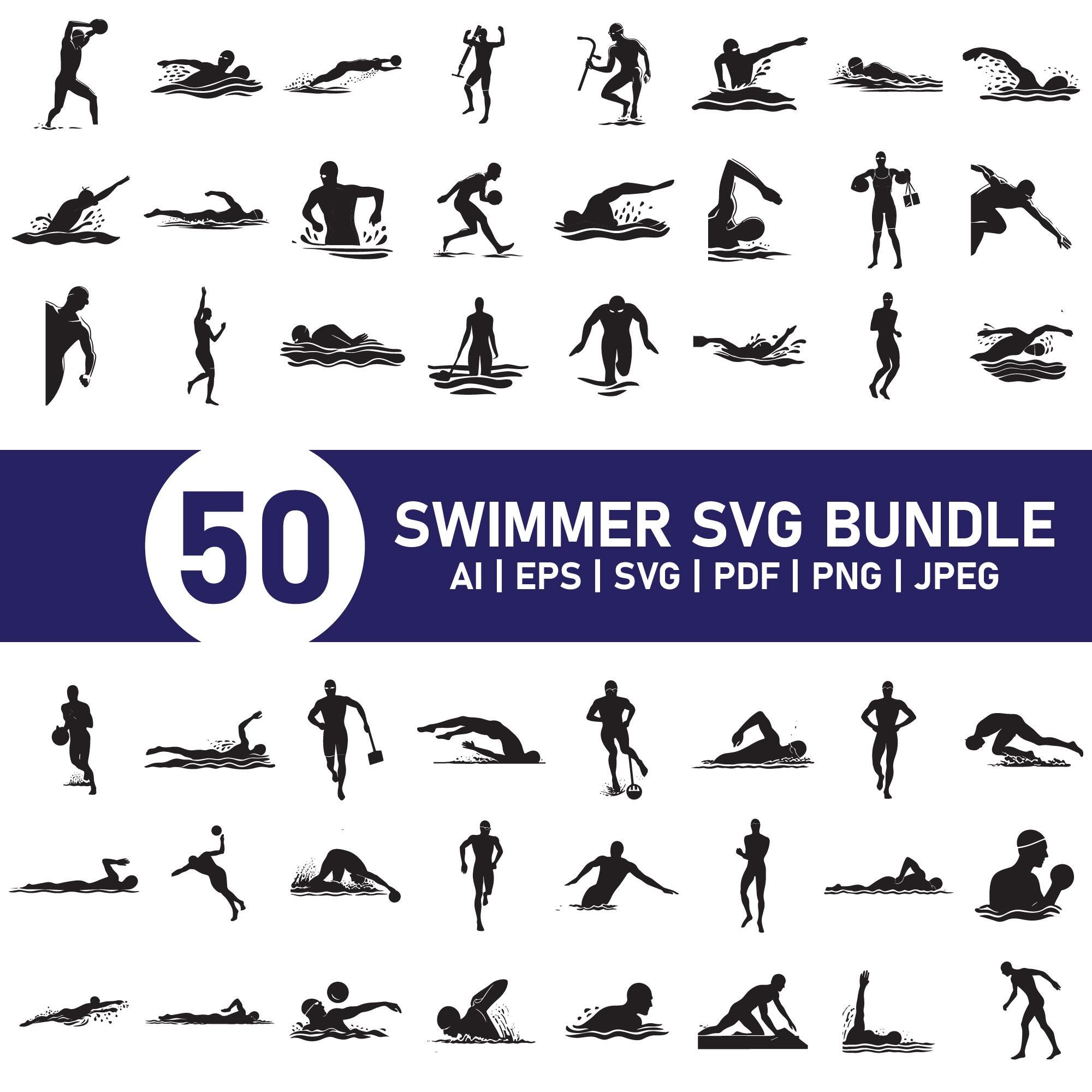 50 Swimming Clipart SVG Bundle, Swimmer SVG, Swim Quotes, Pool & Beach ...