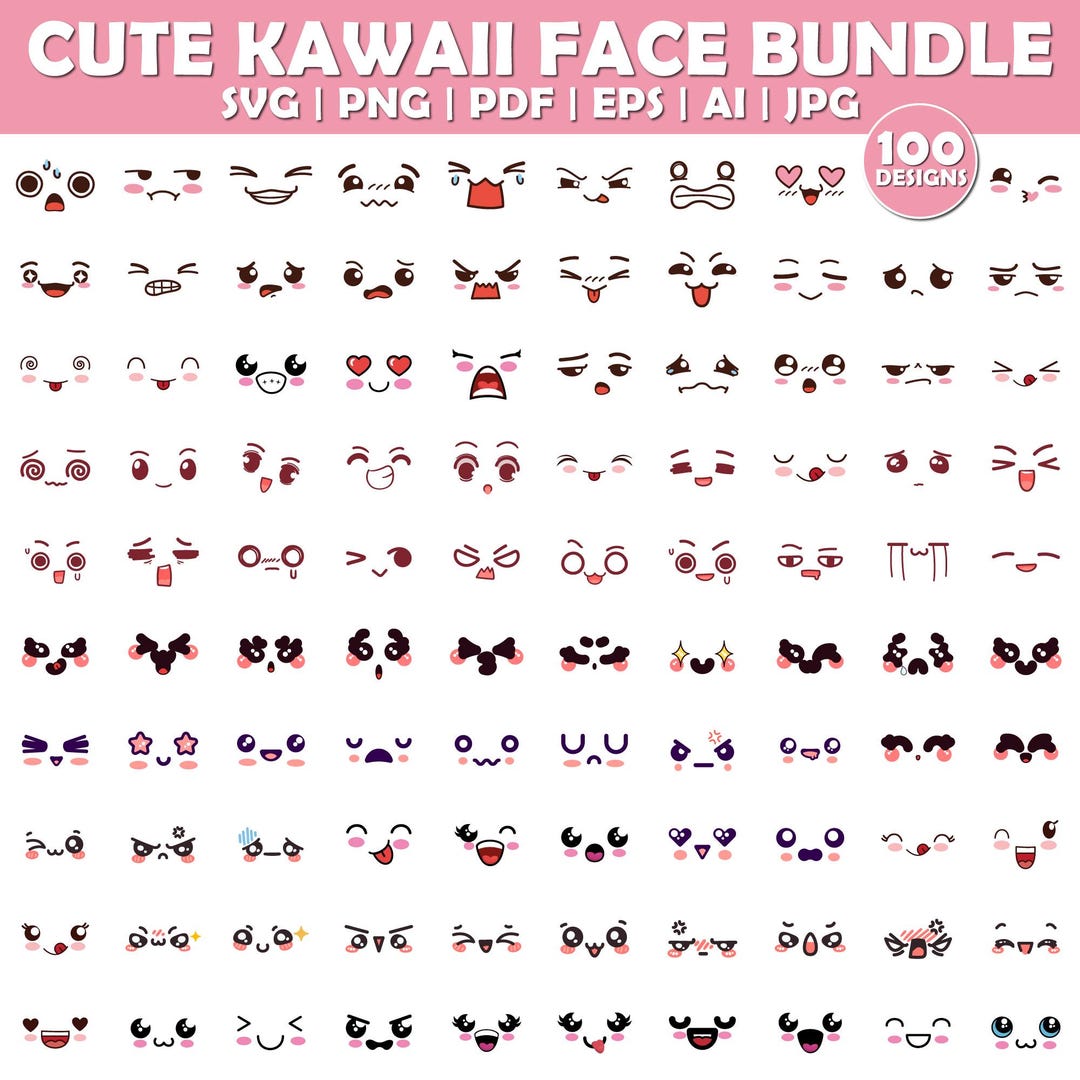 100 Kawaii Emotion Faces SVG Bundle | Cartoon and Cute Emoji Clipart ...