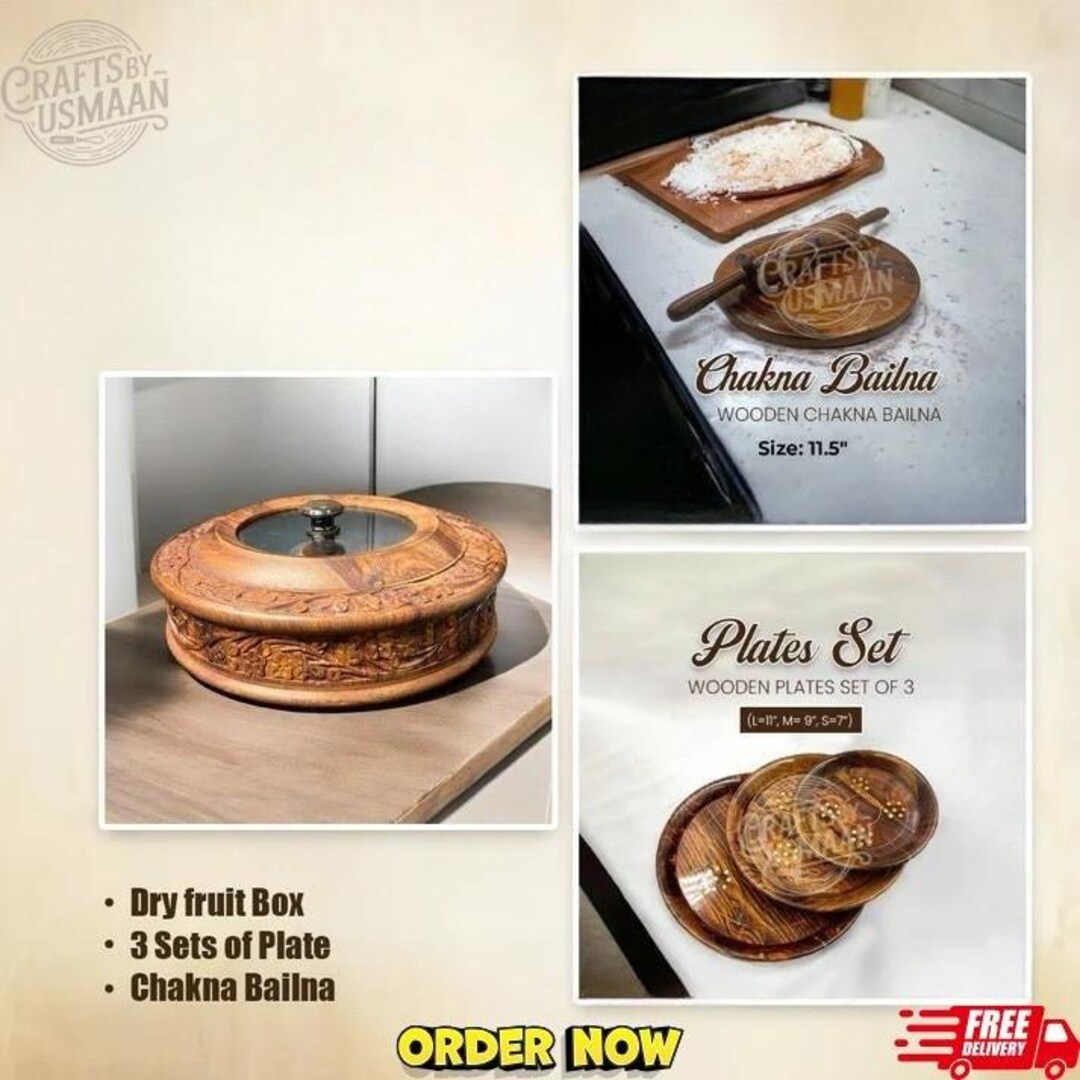 Handmade Wooden Serveware Set – Dry Fruit Box, 3 Plate Set and Chakna ...