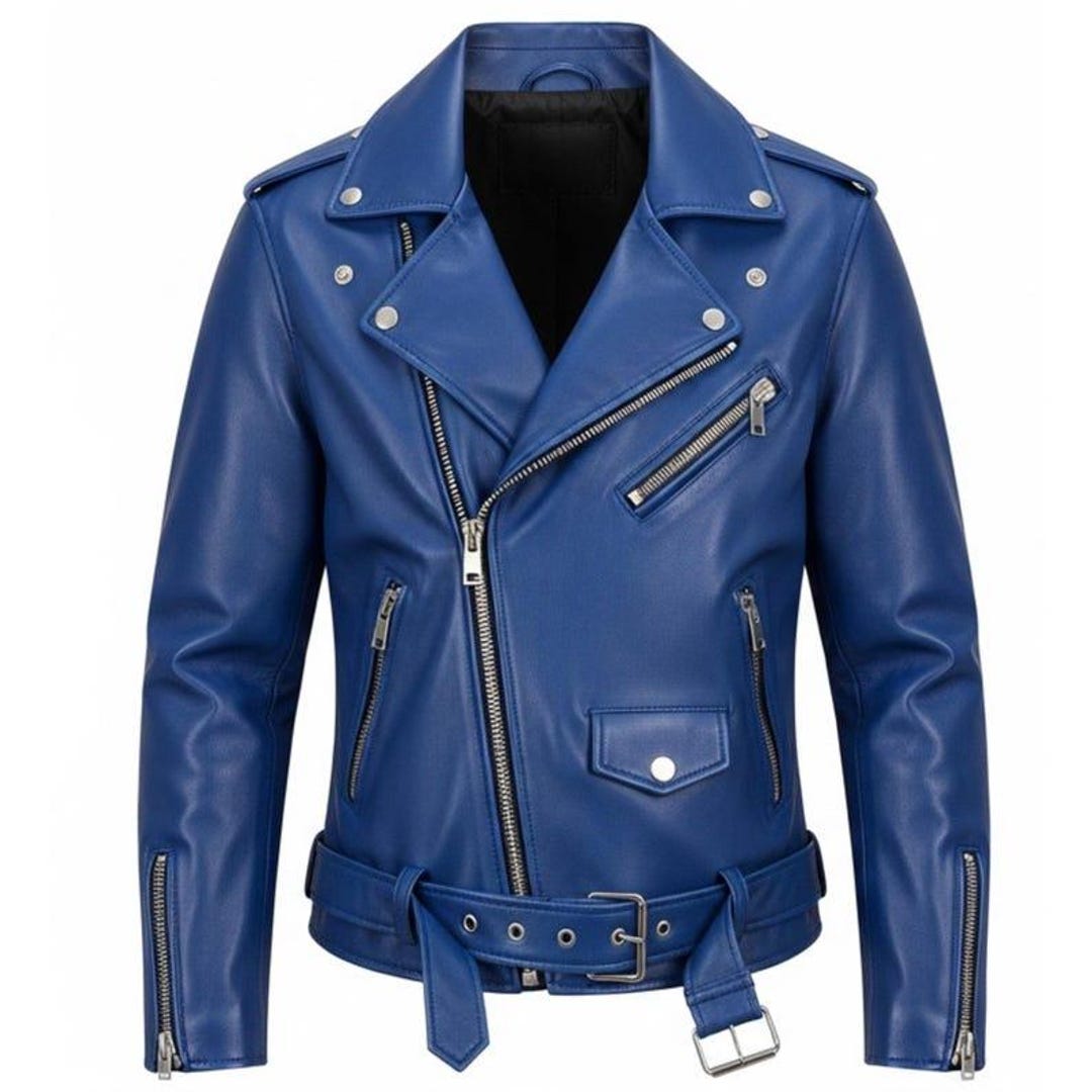 Men’s Blue Leather Biker Jacket – Real Leather Motorcycle Coat With YKK ...