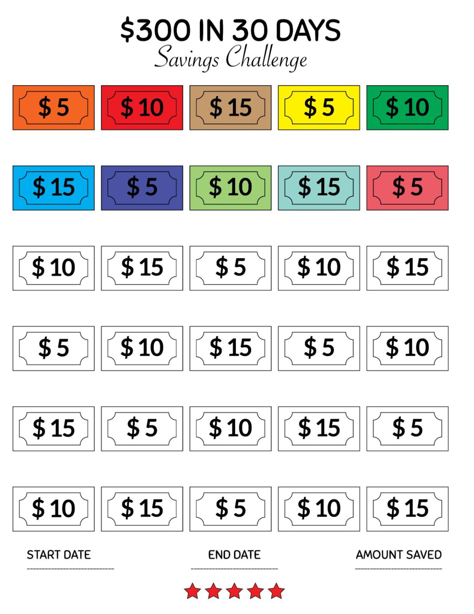 5 Dollar Savings Challenge Printable Save 300 Dollar Money Tracker ...