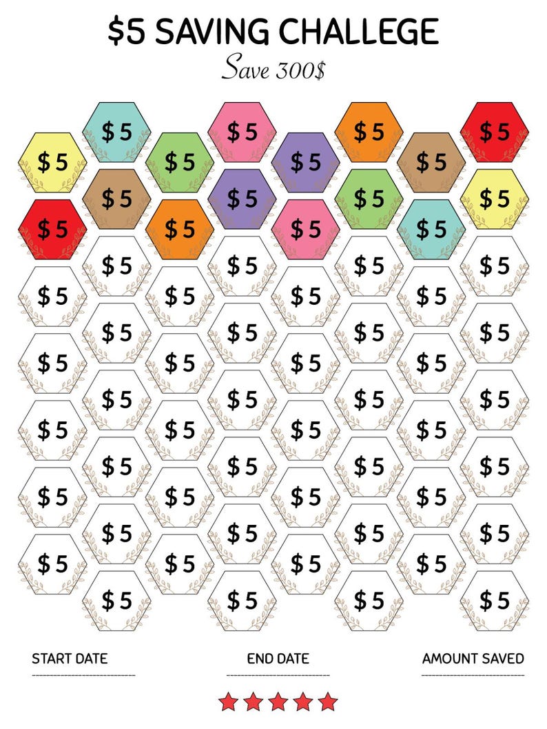 5 Dollar Savings Challenge Printable Save 300 Dollar Money Tracker ...