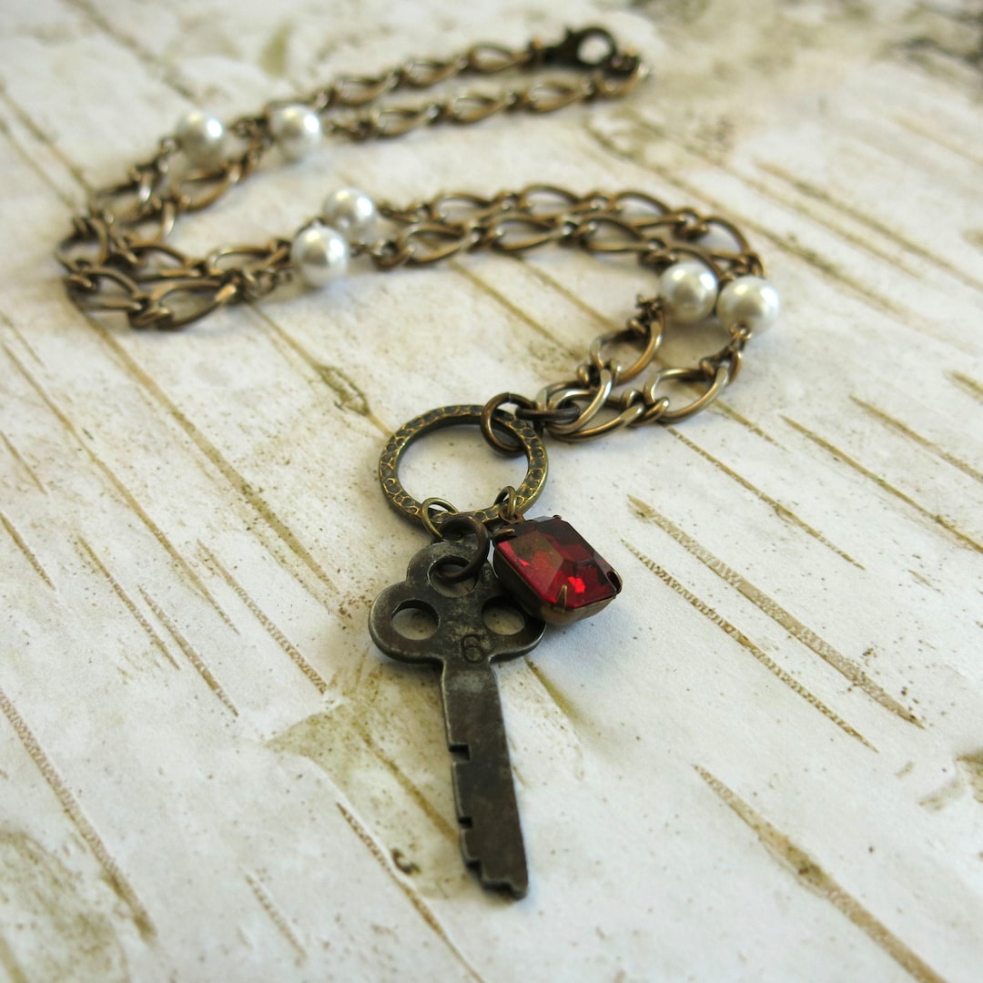 Antique Skeleton Key Necklace: Ruby Rhinestone Crystal Charm, Vintage ...