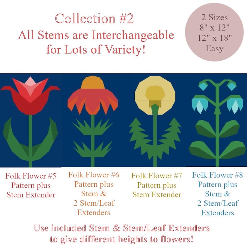 Folk Flower FPP Set--4 Patterns PLUS Stem and Leaf Extenders ...