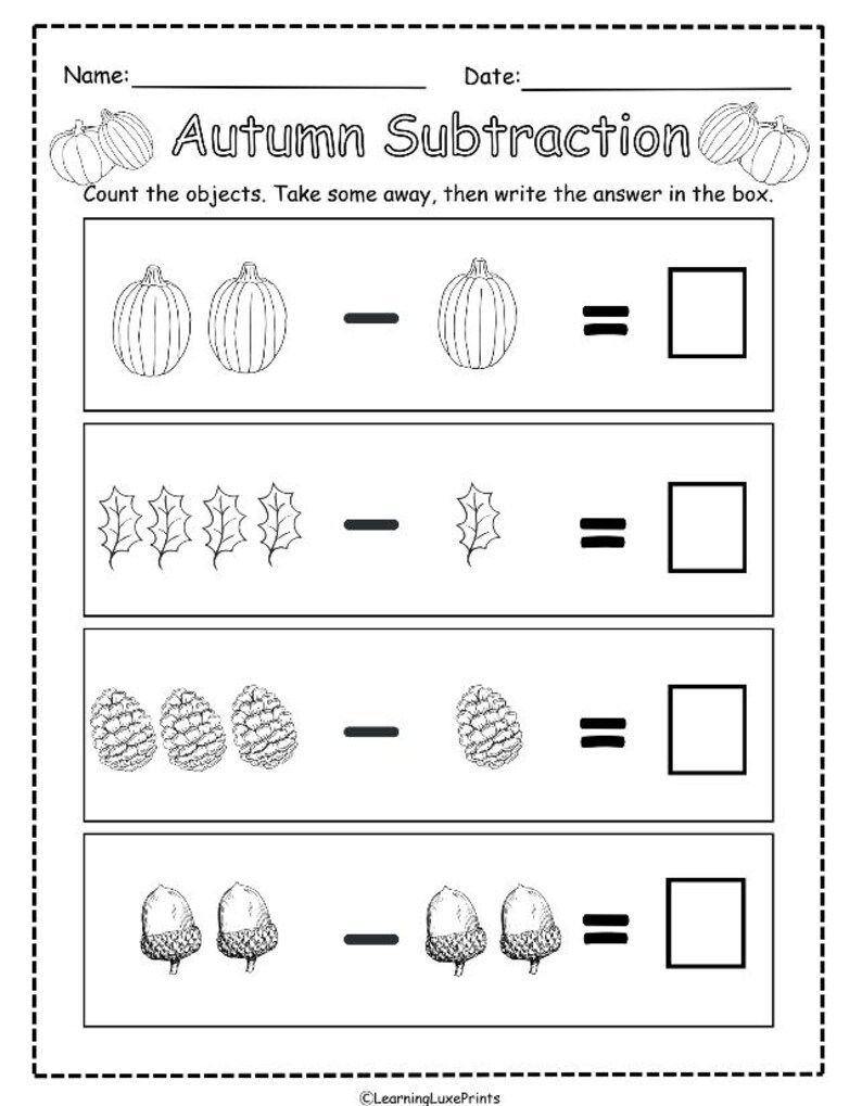 Fall Addition and Subtraction Worksheets/ 4-page Math Bundle/ Fall ...