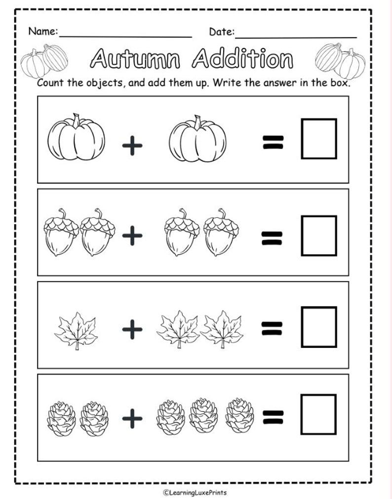 Fall Addition and Subtraction Worksheets/ 4-page Math Bundle/ Fall ...