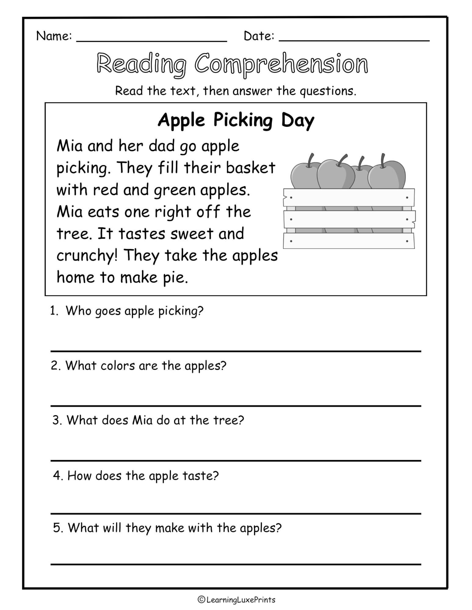 Fall Reading Comprehension Pack/ 5-page Autumn ELA Worksheets for Kids ...