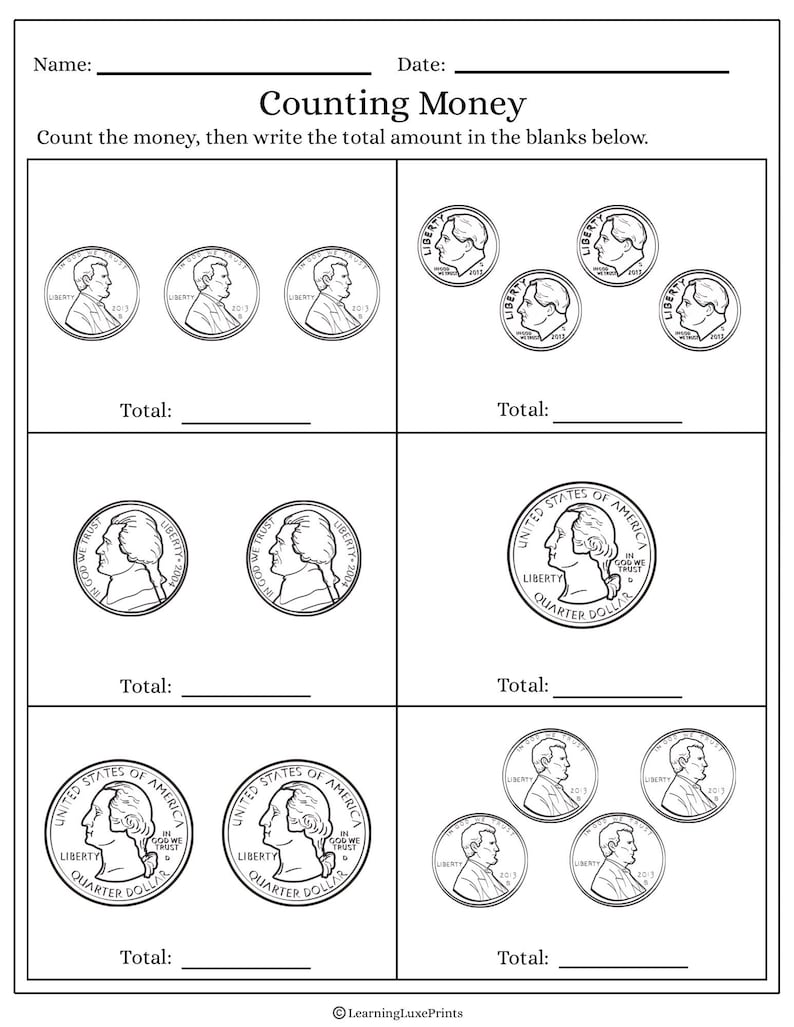 Money Counting Worksheet/ Coin Value Practice for Kids/ Math Printable ...