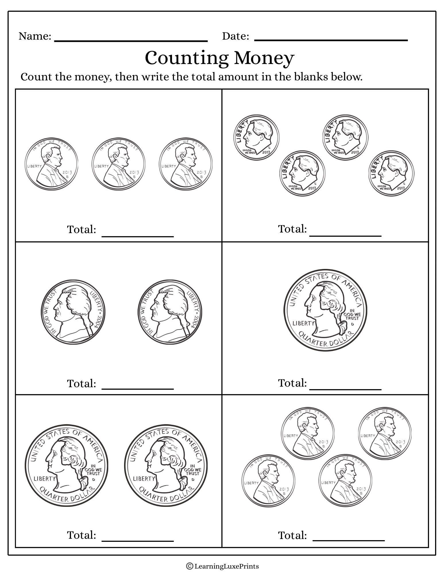 Money Counting Worksheet/ Coin Value Practice for Kids/ Math Printable ...