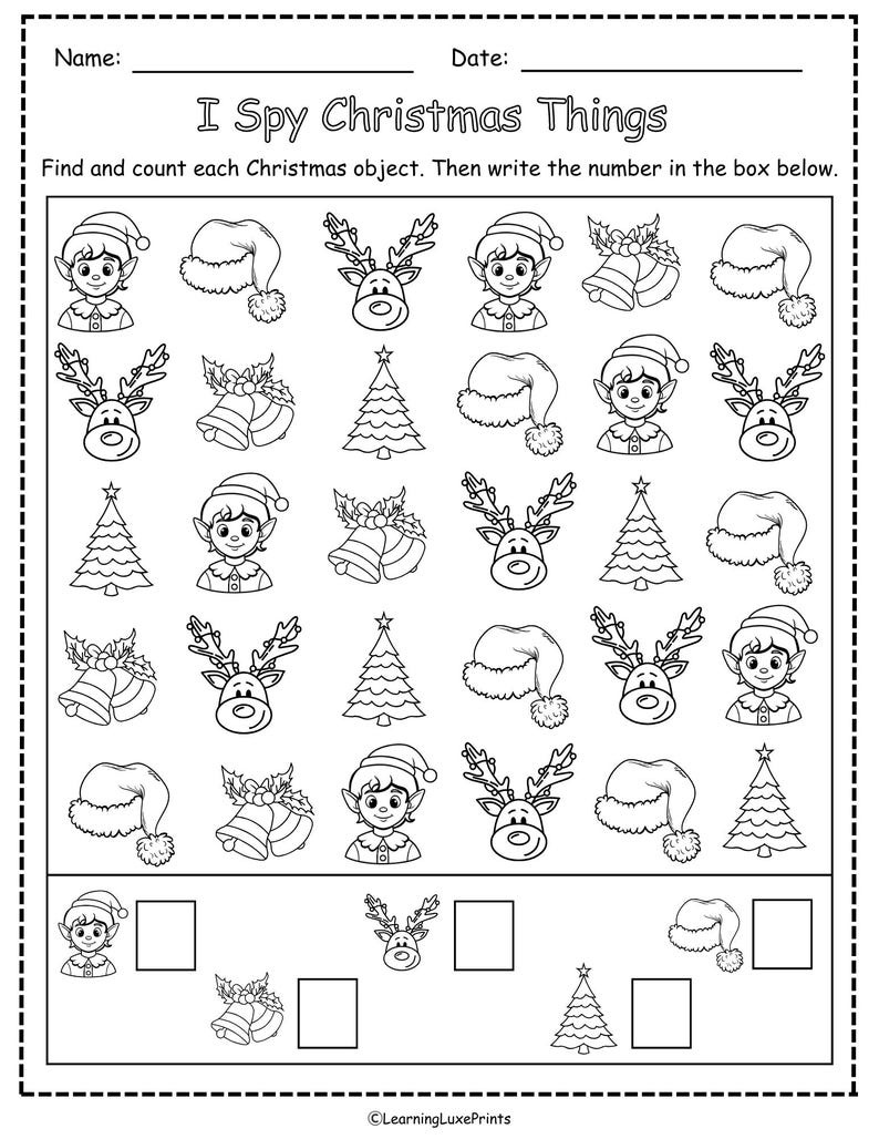Christmas I Spy Worksheet/ Holiday Counting Activity for Kids/ Counting ...