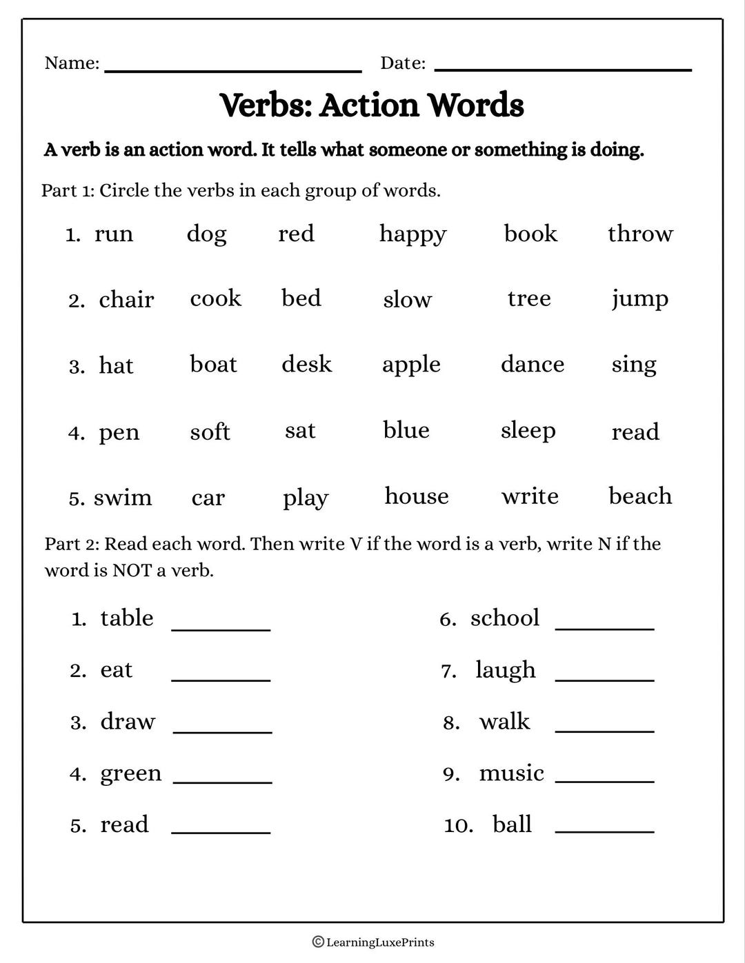 Verbs Worksheet for Kids: Identify Verbs Activity - Etsy