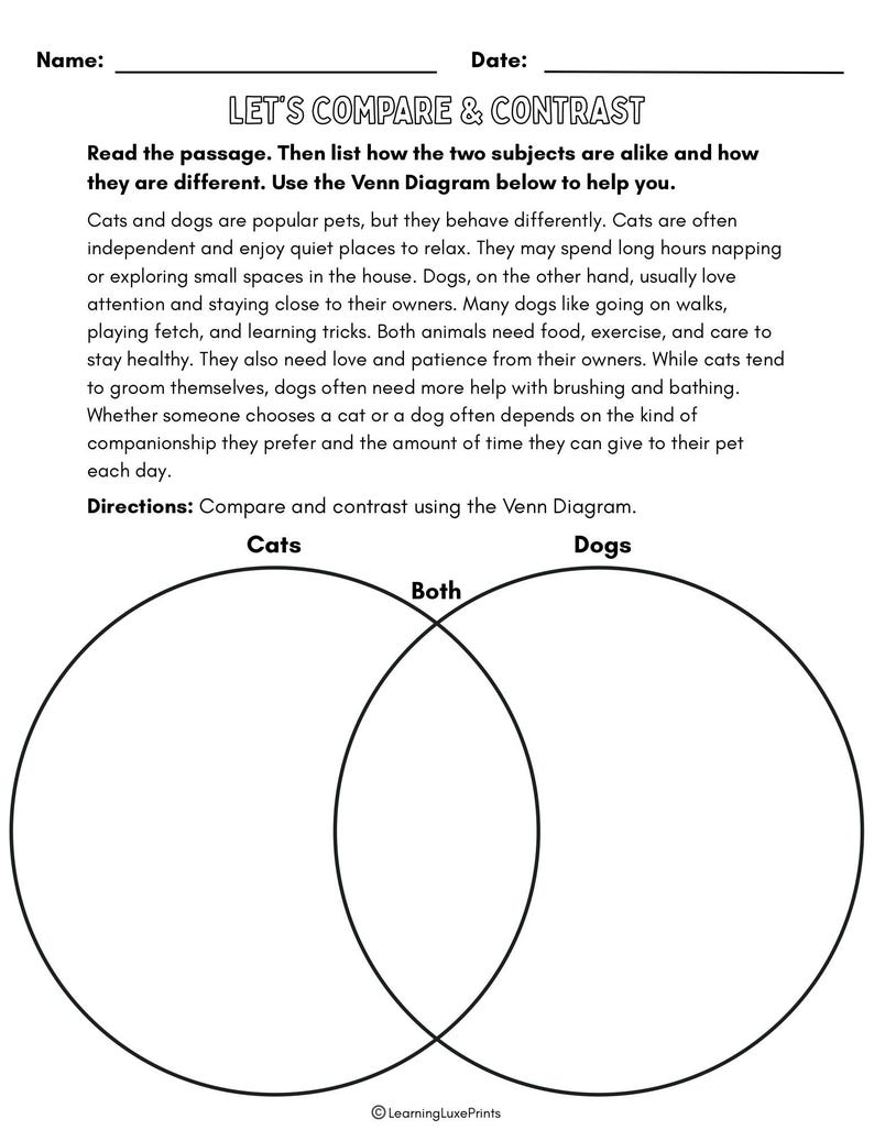 Compare and Contrast Worksheet/reading Comprehension Activity/ ELA ...