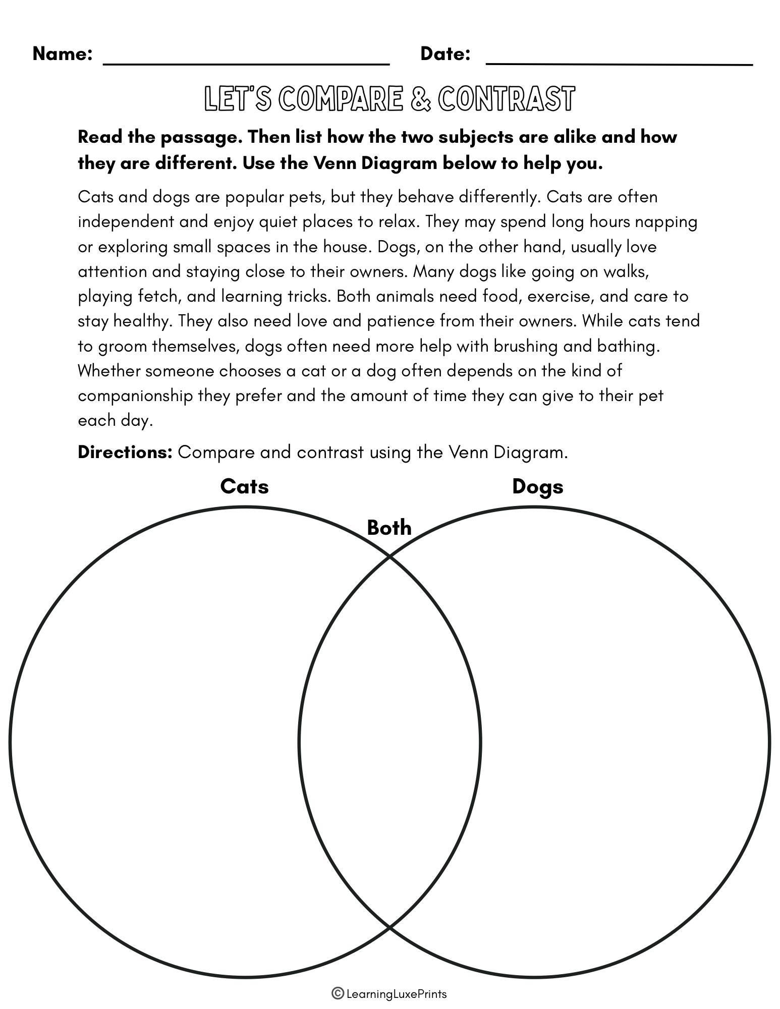 Compare and Contrast Worksheet/reading Comprehension Activity/ ELA ...