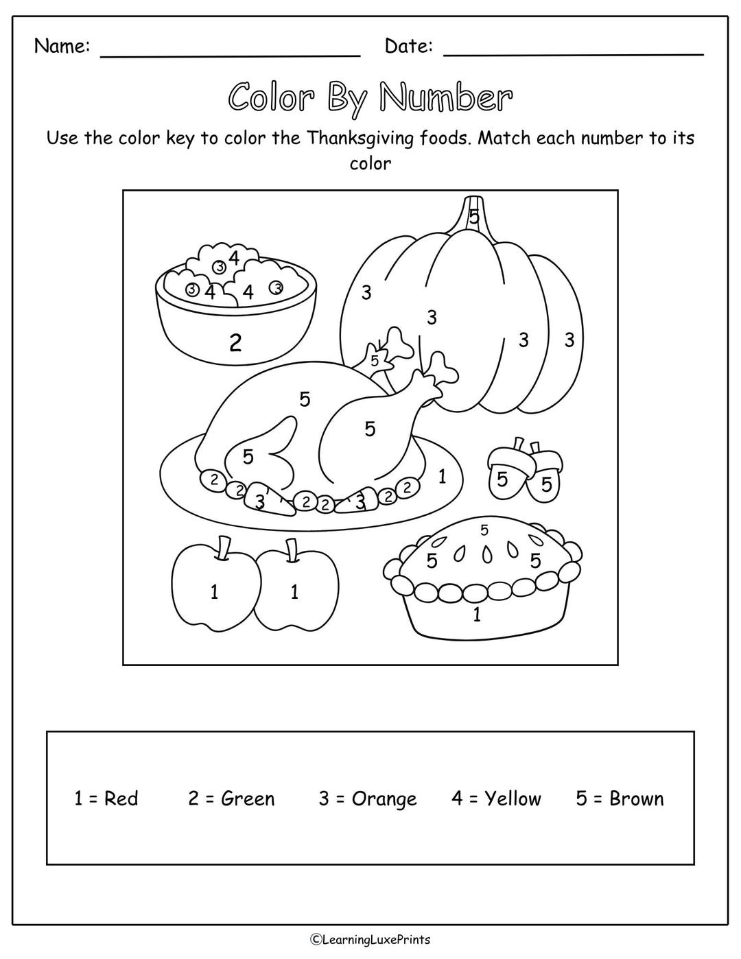 Thanksgiving Color by Number Worksheet/ Holiday Food Coloring Activity ...