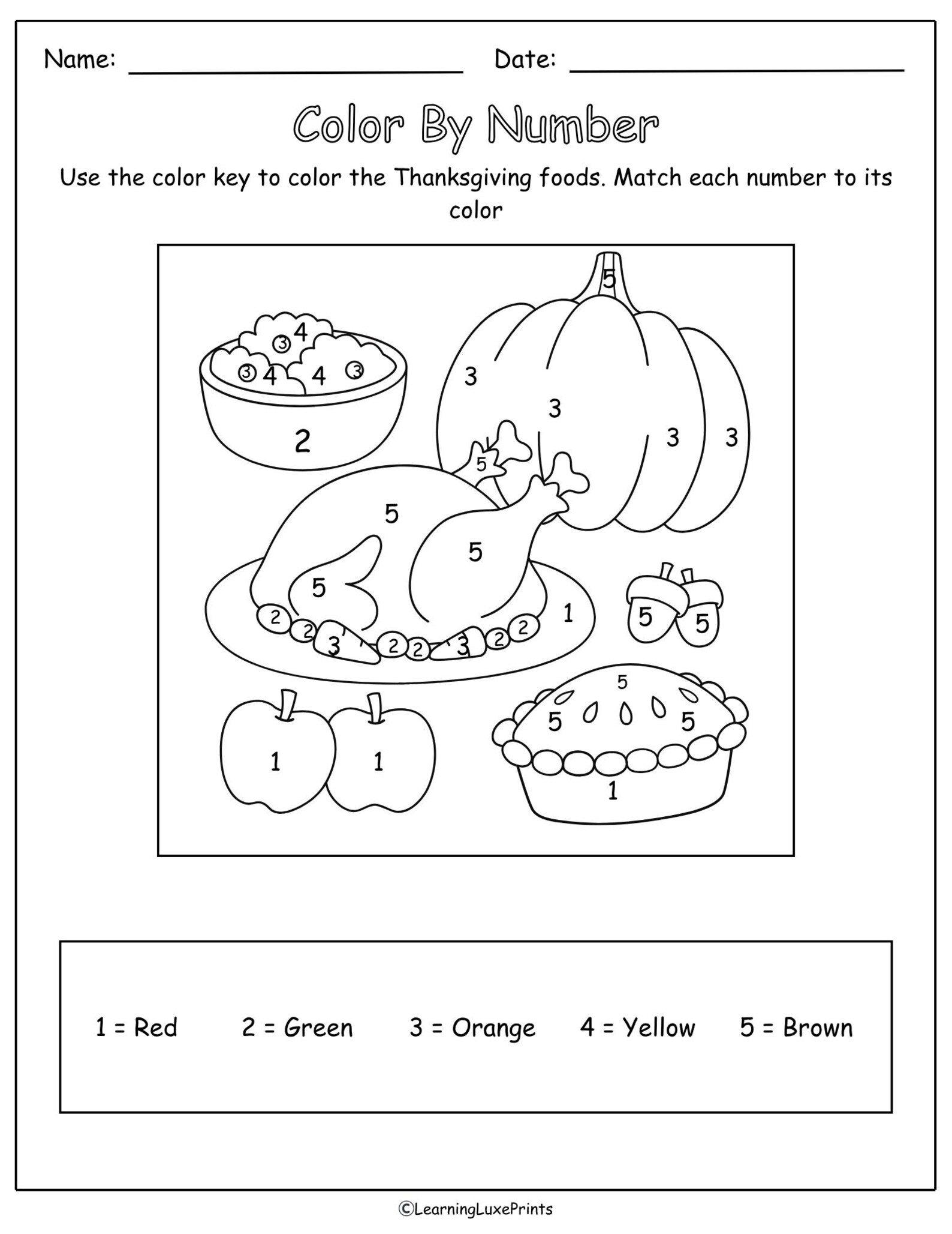 Thanksgiving Color by Number Worksheet/ Holiday Food Coloring Activity ...