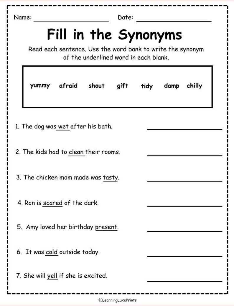 Synonym Worksheet Pack/ 3 ELA Worksheets for Kids/ Vocabulary and ...