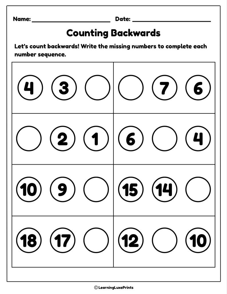 Backward Counting Practice/ Number Sequencing Printable - Etsy