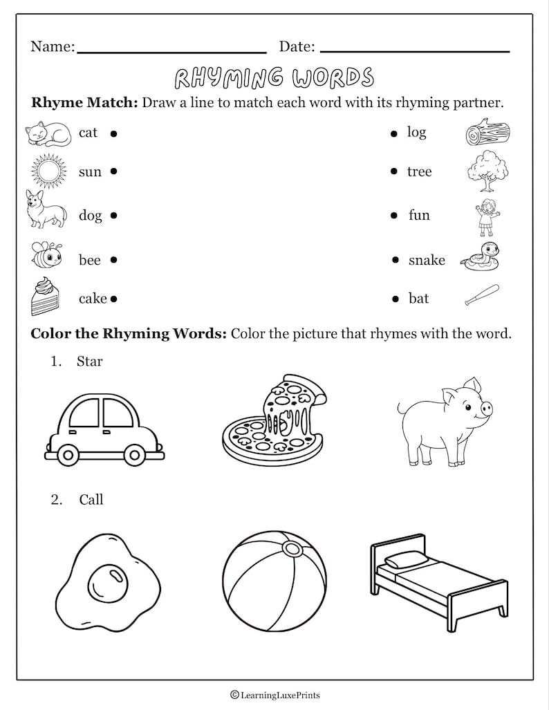 Rhyming Words Worksheet/ Phonics Printable for Kids - Etsy