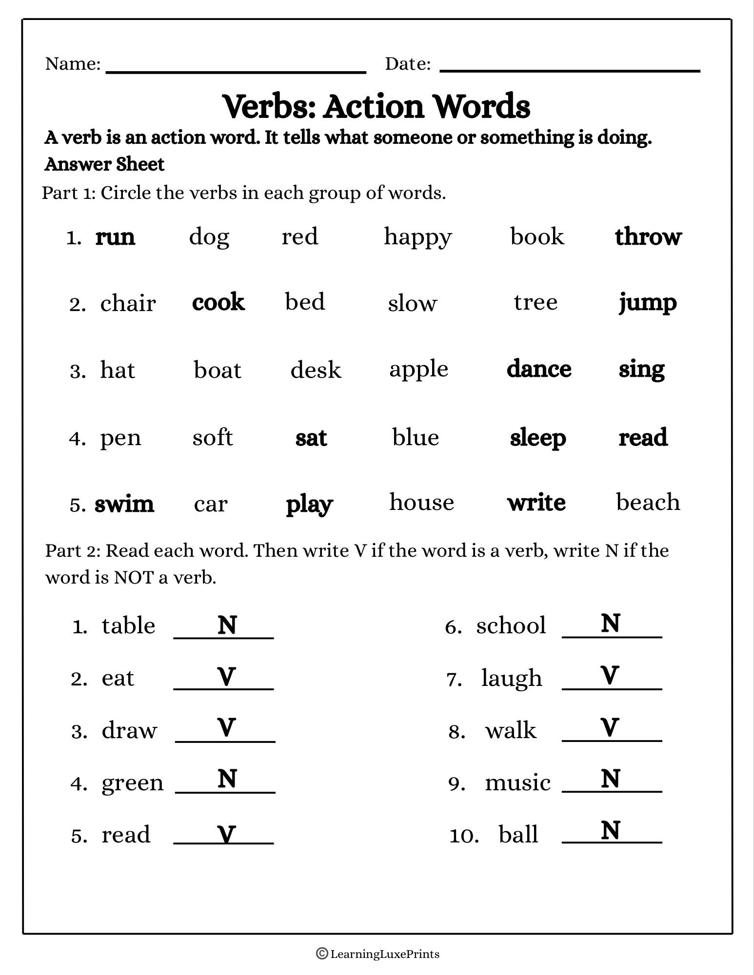 Verbs Worksheet for Kids: Identify Verbs Activity - Etsy