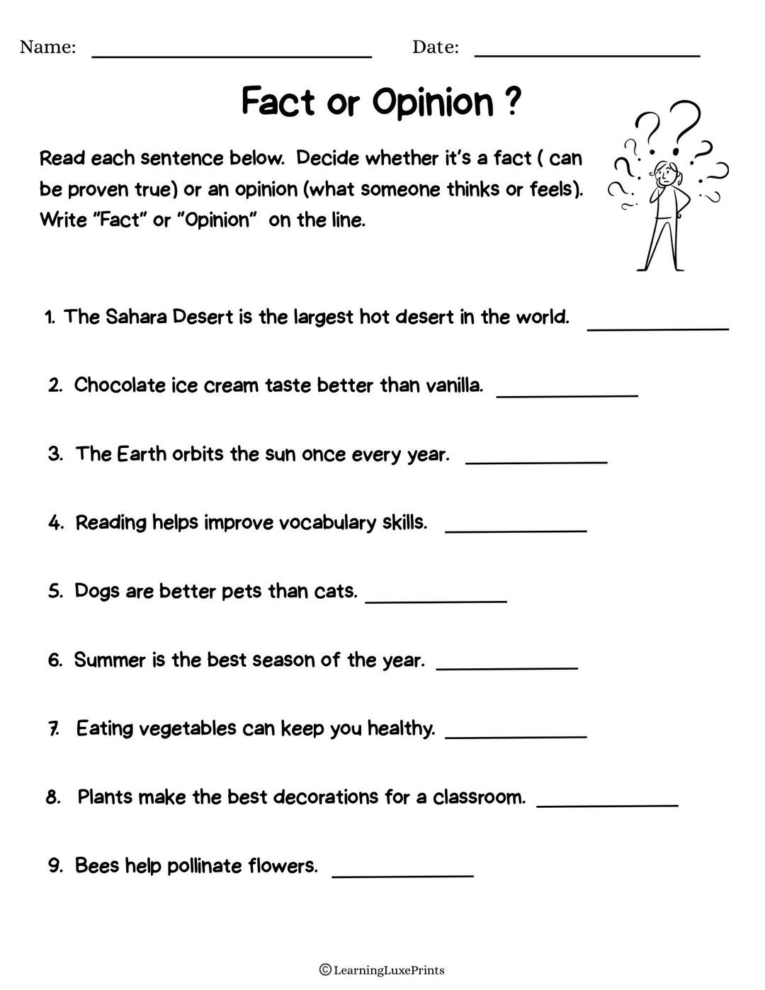 Fact or Opinion Worksheet/reading & Critical Thinking Activity/ ELA ...