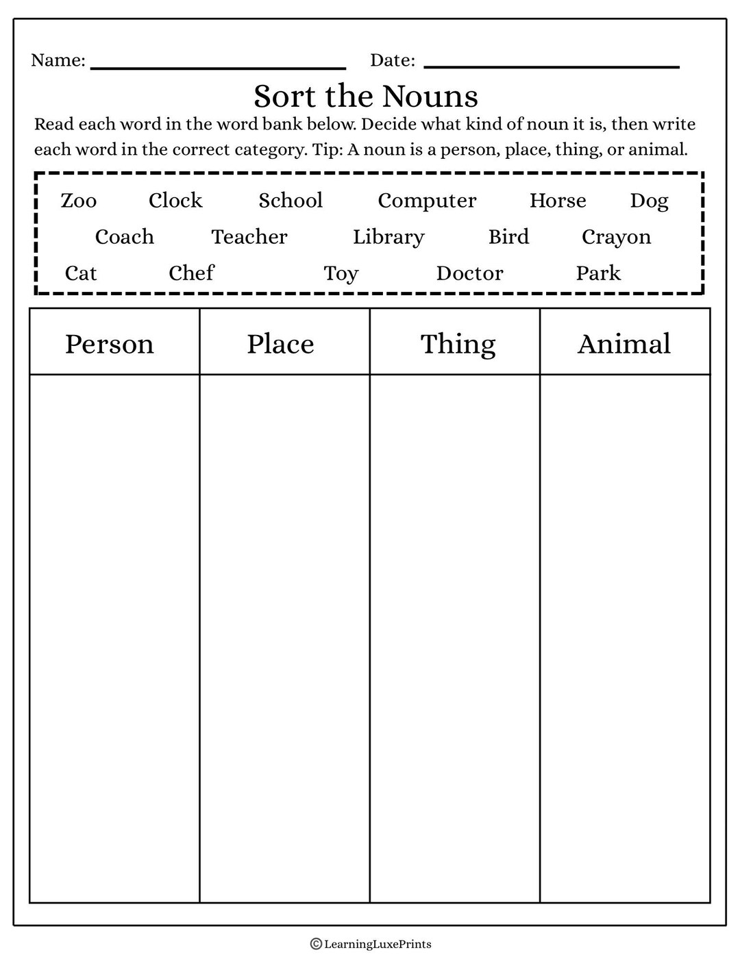 Sort the Nouns Worksheet / Grammar Sorting Activity - Etsy