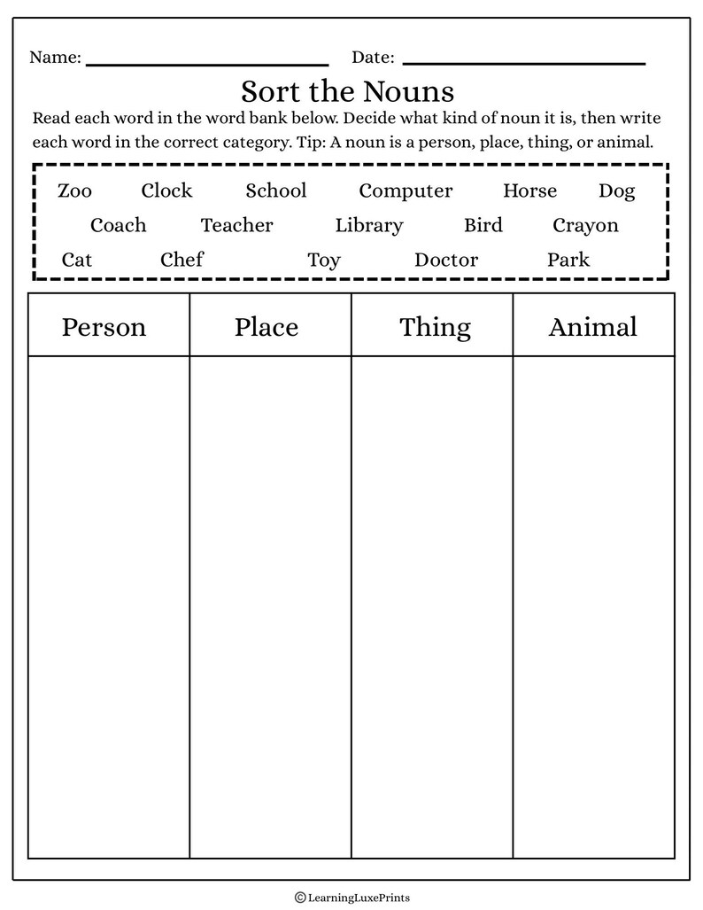 Sort the Nouns Worksheet / Grammar Sorting Activity - Etsy