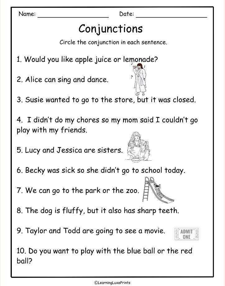 Printable Circle the Conjunctions Worksheet/ Grammar Practice ...