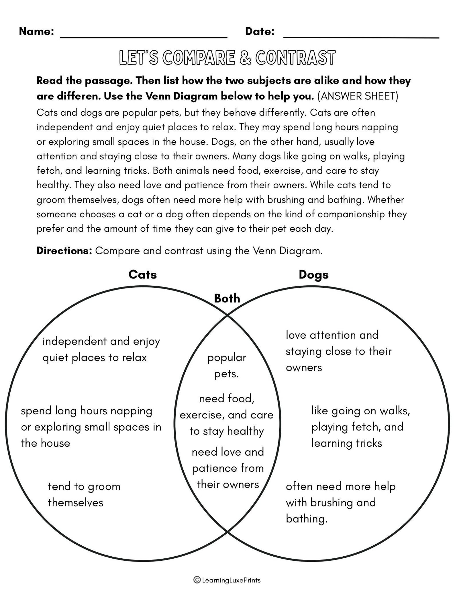 Compare and Contrast Worksheet/reading Comprehension Activity/ ELA ...