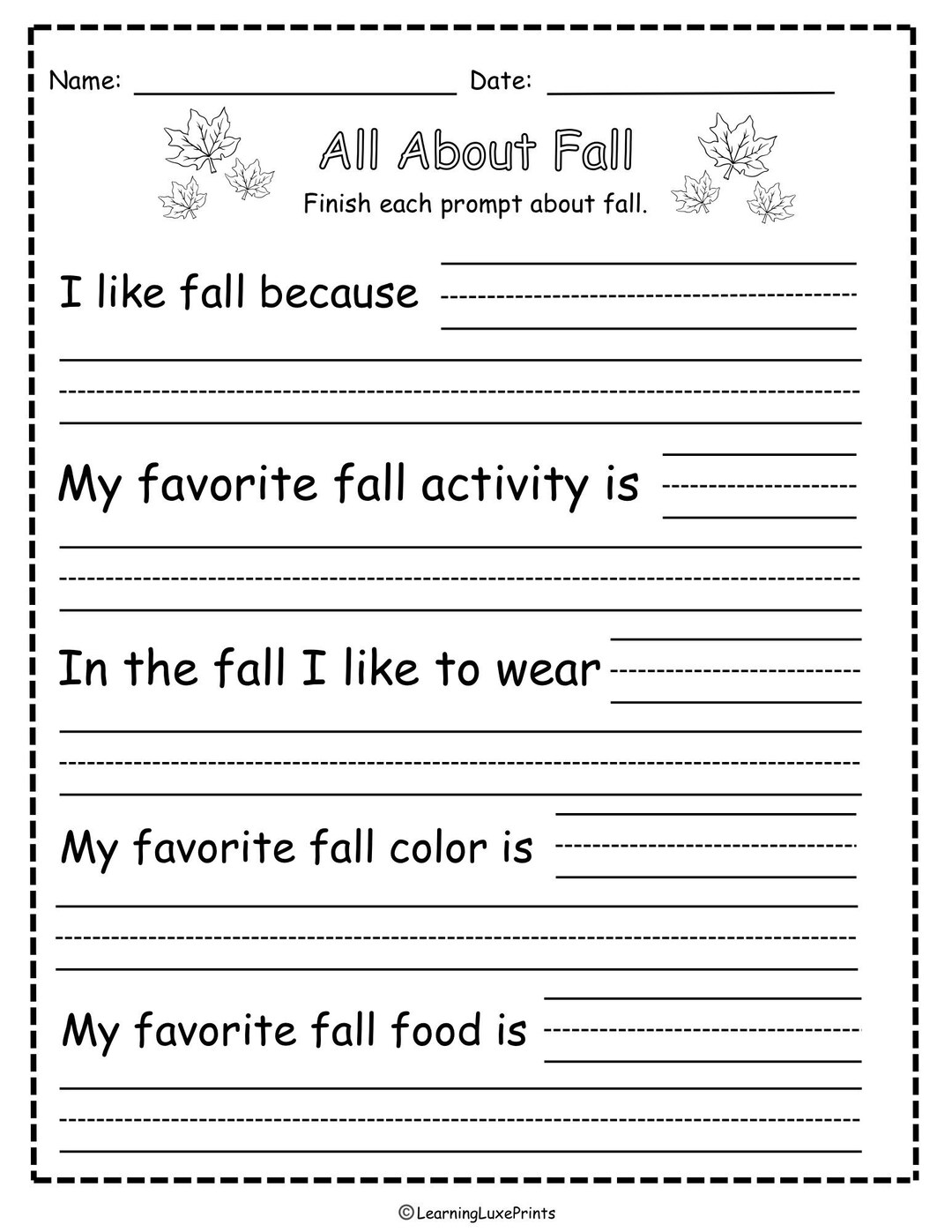 Fall Writing Prompt Worksheet Pack/ 4-page Autumn Drawing and Writing ...