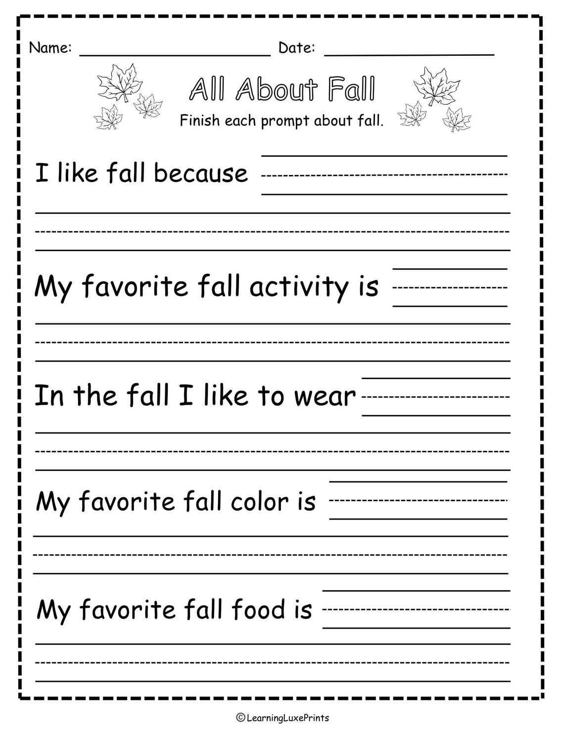 Fall Writing Prompt Worksheet Pack/ 4-page Autumn Drawing and Writing ...