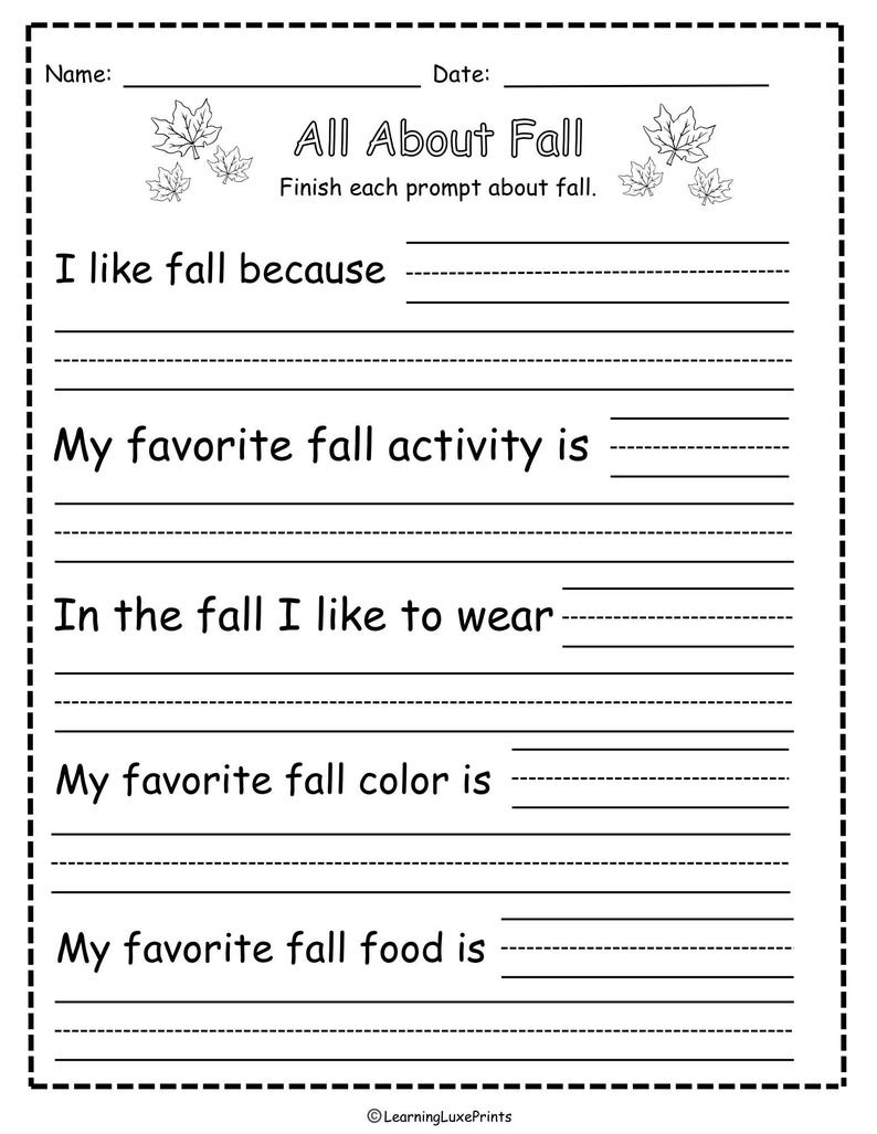 Fall Writing Prompt Worksheet Pack/ 4-page Autumn Drawing and Writing ...