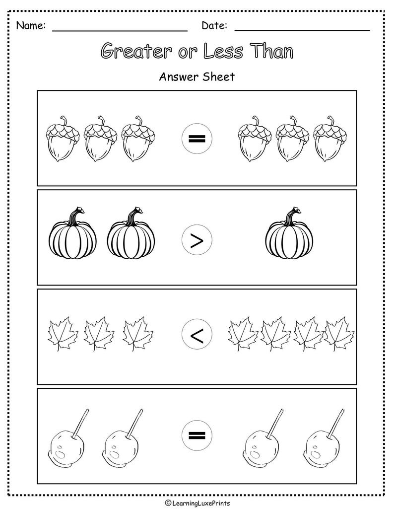 Fall Math Worksheet: Greater Than Less Than Comparison (PDF) - Etsy