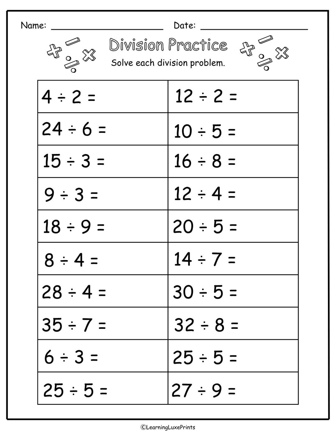 Division Practice Worksheet / Math Facts Printable for Kids - Etsy
