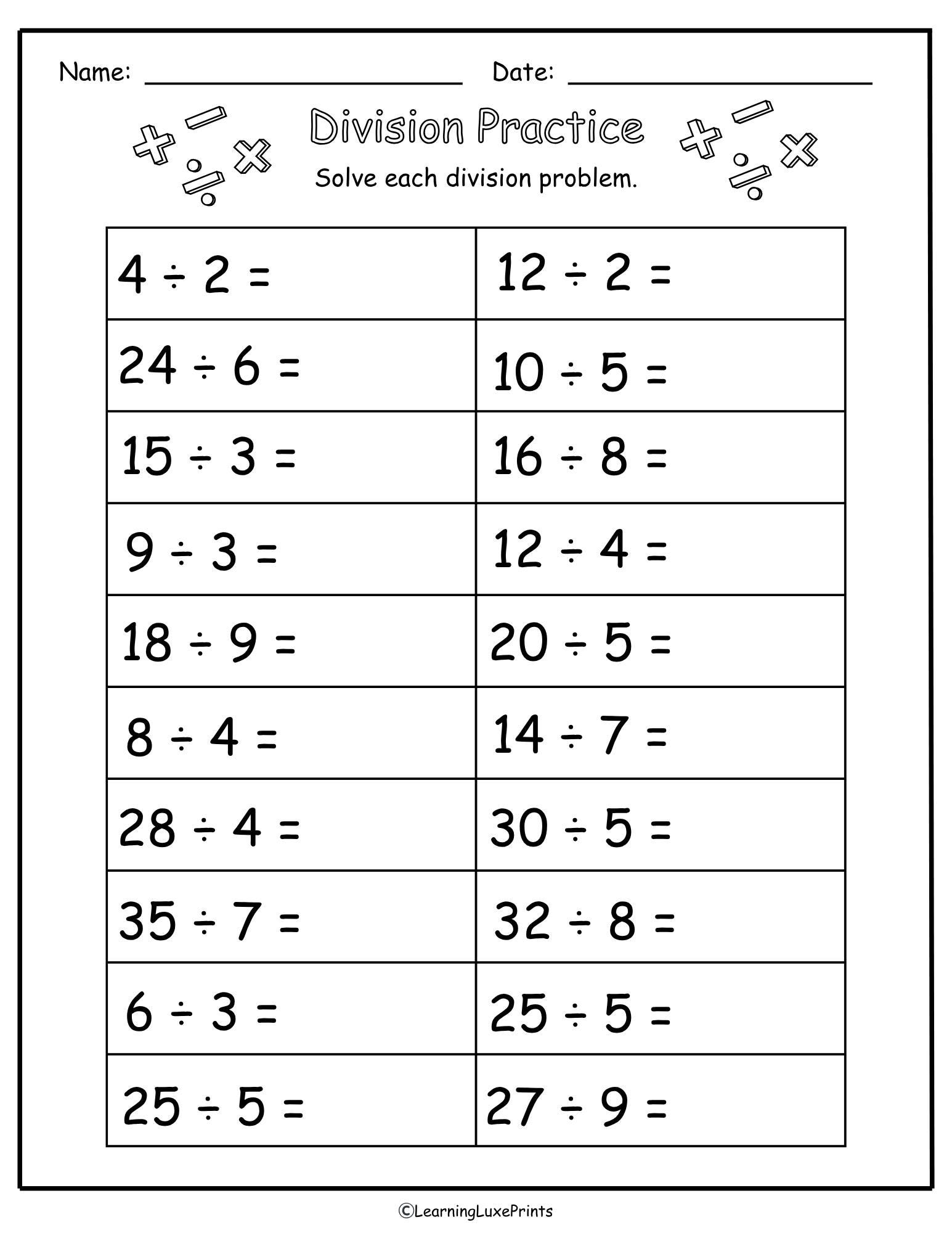 Division Practice Worksheet / Math Facts Printable for Kids - Etsy