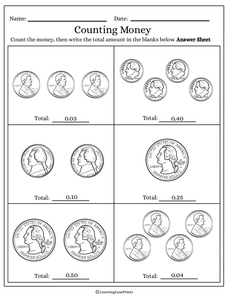 Money Counting Worksheet/ Coin Value Practice for Kids/ Math Printable ...