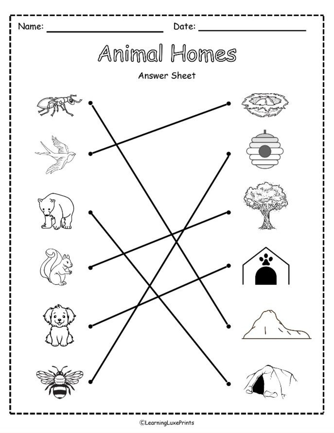 Animal Homes Matching Worksheet/ Preschool & Kindergarten Printable ...