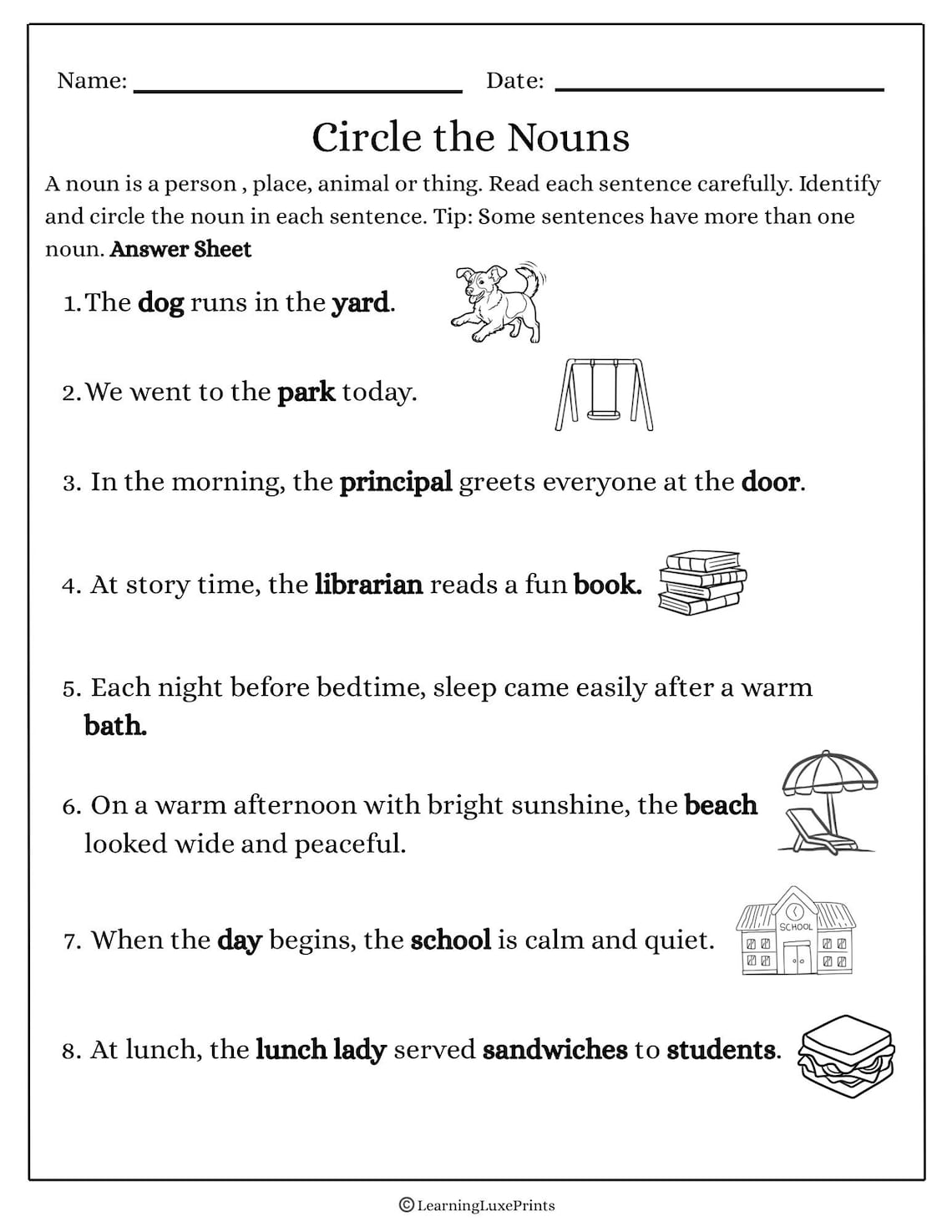 Circle the Nouns Worksheet/ Grammar Practice for Kids/ Parts of Speech ...